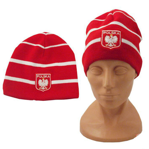 Polish Knit Cap, Shield, Red w/ Thin White Stripes | Polish Pride of MI