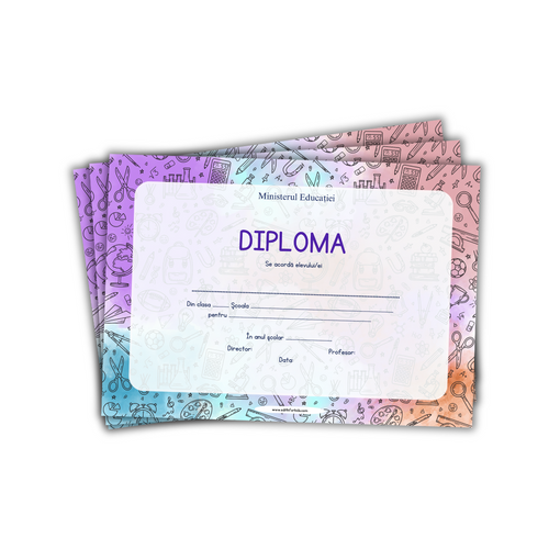 Diploma şcoală, obiecte pe fundal color - personalizabilă, editabilă ...