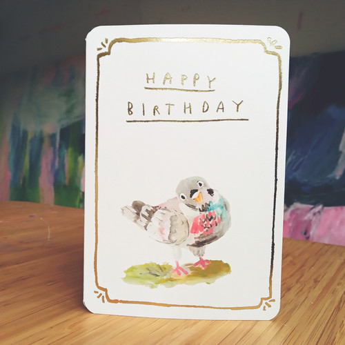 GOLD BIRTHDAY PIGEON CARD | Laura Skilbeck