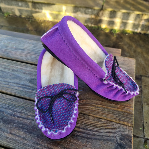 Suede and Tweed Slippers - Himalayan poppy | Western Isles Designs