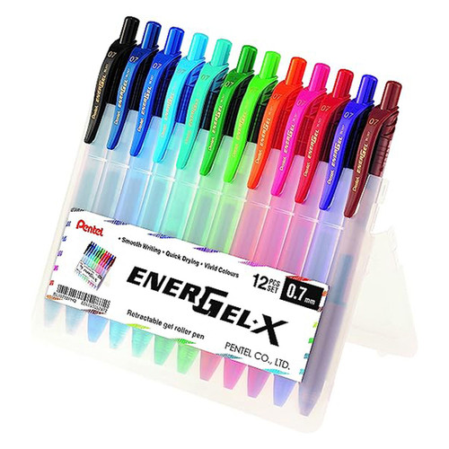 Energel-X Liquid Gel Pen 0.7mm Nib Hard Case x 12 Assorted Colour ...
