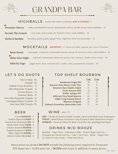 Menus | Grandpa Bar