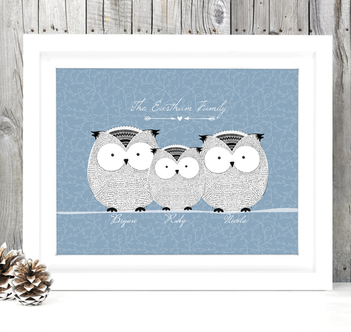 Personalised Illustrated Owl Family Tree Picture - Framed / Unframed ...