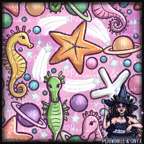 Galaxy Seahorses Pink Seamless Pattern | Periwinkle & Onyx