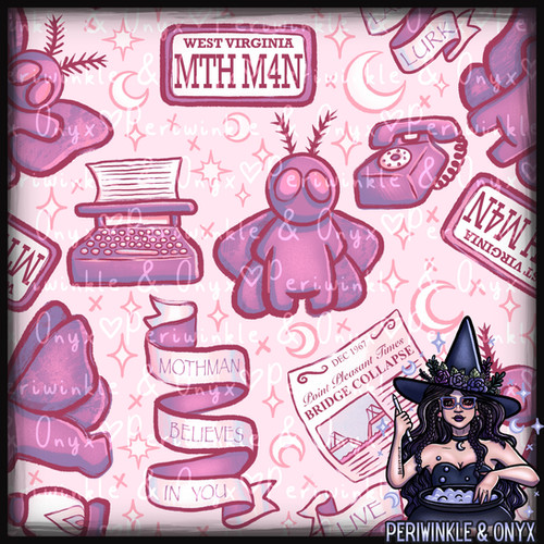 Vintage Mothman Pink Seamless Pattern | Periwinkle & Onyx