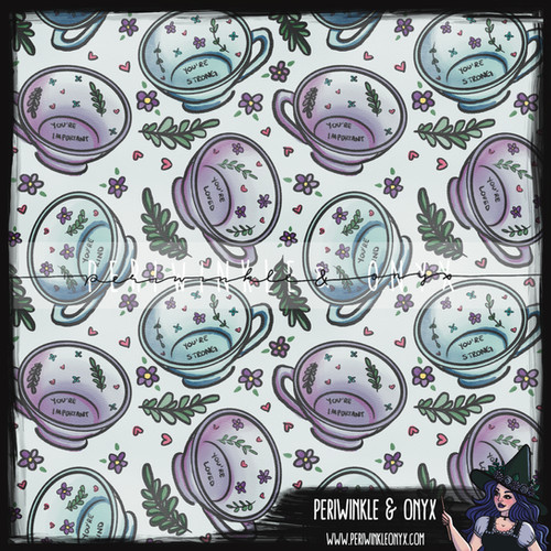 Positive Tea Affirmations Teal Seamless Pattern | Periwinkle & Onyx