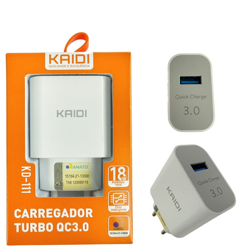 KD-111 CARREGADOR TURBO QC3.0 18W CHIP INTELIGENTE DE TOMADA | ZD SHOPPING