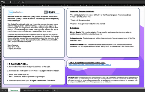 NIH SBIR/STTR Phase I Budget Template | KeepYourEquity.co