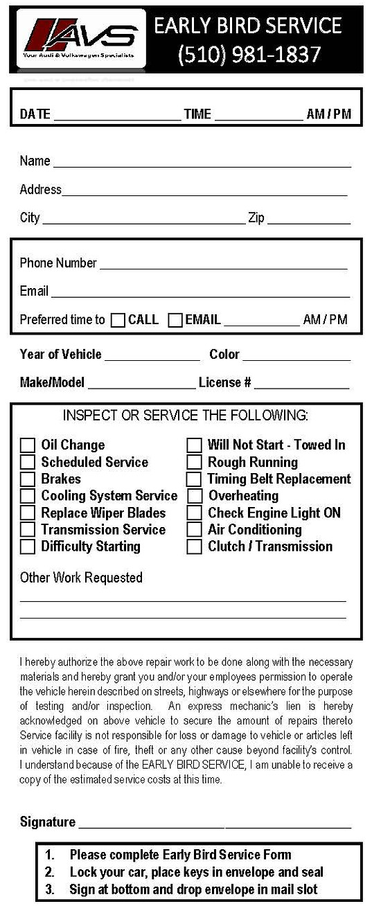 Drop Off Form | AVS Auto