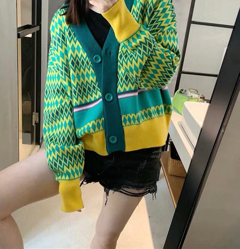 Quirky Green Multicolour Long Sleeve Button Up Knit Cardigan ...