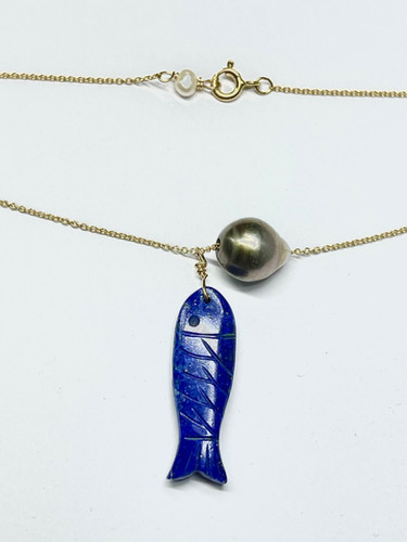 Lapis fish with Tahitian pearl on chain | Heidi Weddendorf