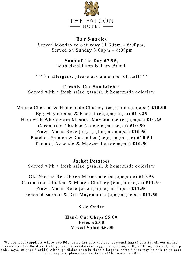 The Falcon Hotel Bar Menu | Relaxed Bar Menu