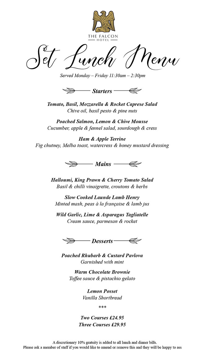 Set Lunch Menu - Available May | Falcon Hotel