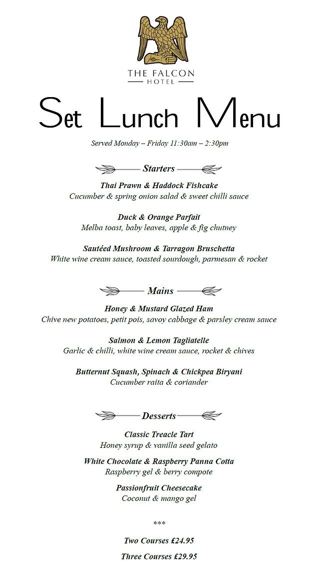Set Lunch Menu - Available During November | Falcon Hotel