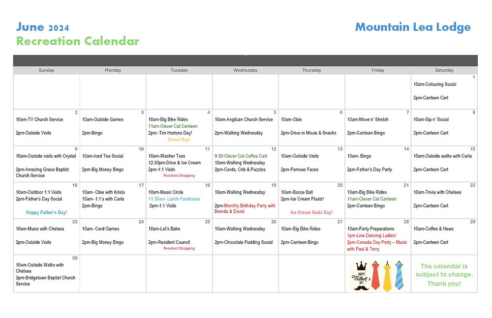 Mountain Lea Lodge - June 2024 Recreation Calendar