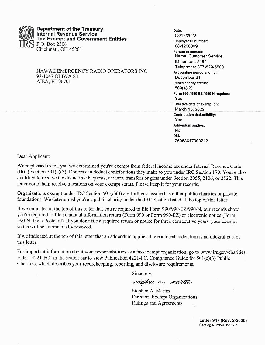 501c3 Determination Letter Hawaii Emergency Radio Operators HERO