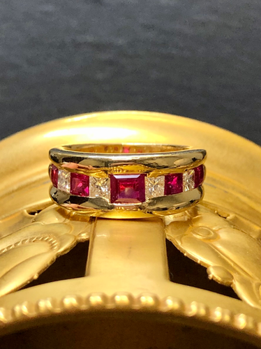 18K Burmese Ruby Princess Cut Diamond Band | Fox Estate Jewelry