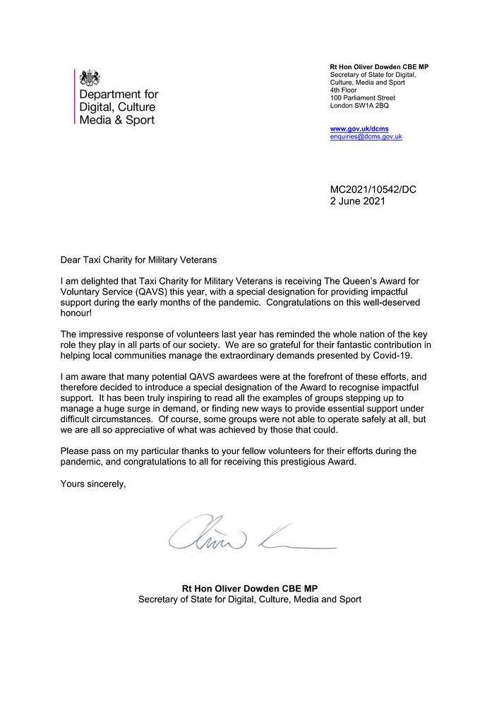 Letter from Rt Hon Oliver Dowden asking us to pass on his thanks to our ...