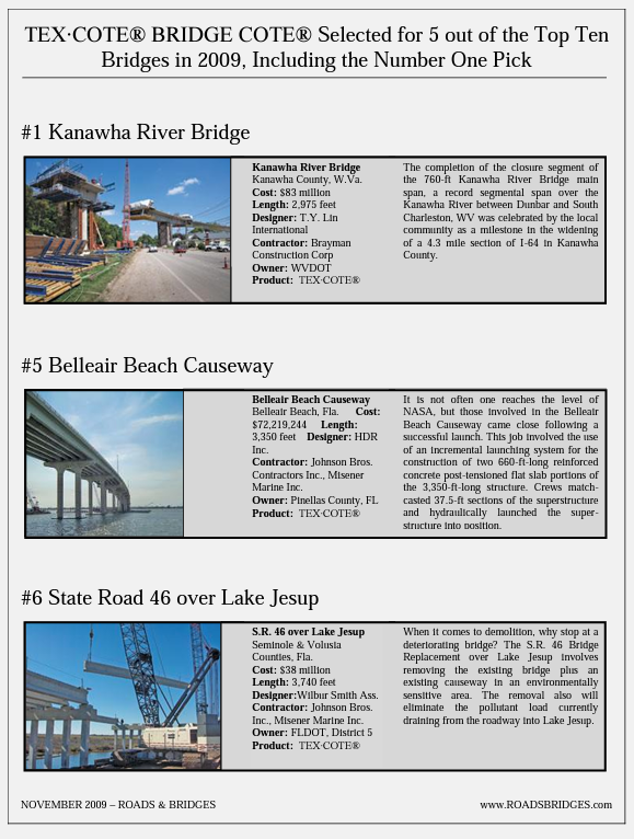 TEX•COTE® BRIDGE COTE® Selected For 5 Out Of The Top Ten Bridges In 2009