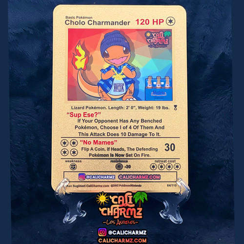 Jumbo 5x7 “Cholo” Charmander Gold Pokemon Metal Card | CaliCharmz