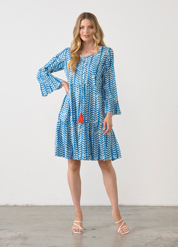 Multi Tiered Dress with Tassel Tie Neckline in Blue | holmesandfallon