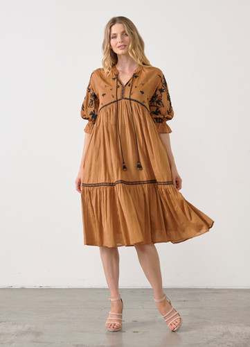 Multi Tiered Dress with Contrast Embroidery in Copper | holmesandfallon