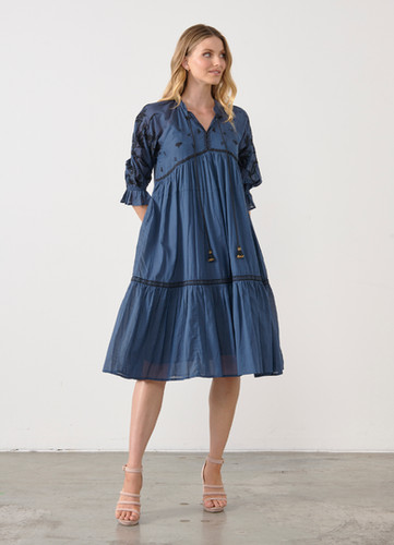 Multi Tiered Dress with Contrast Embroidery in Blue | holmesandfallon