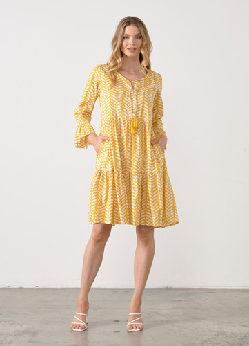 Multi Tiered Dress with Tassel Tie Neckline in Sunflower | holmesandfallon