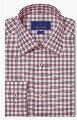 Merlot/White Trim Fit Check Cotton Dress Shirt | Gregory Jacobs Clothier