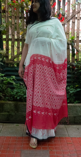 Jamdani Saree Black, White and Red Geometric | Shoi