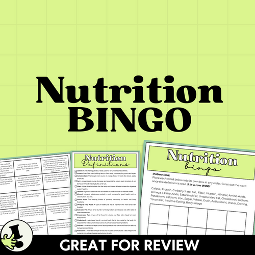 Nutrition BINGO! For High School. Definition Sheet Included ...