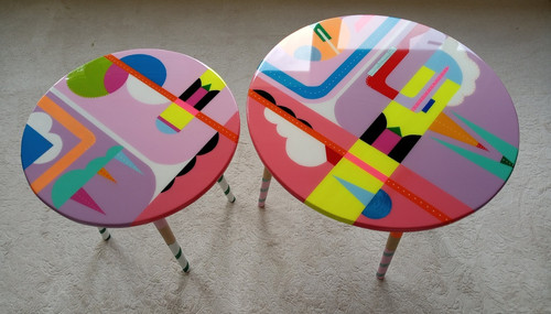 Abstract Pink Resin Side End Funky Tables, Round Modern Unique Colorful ...