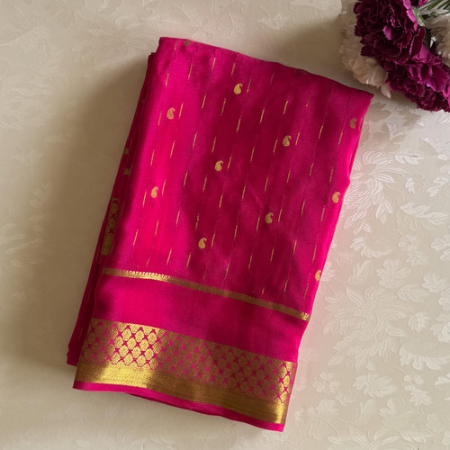 Royal rani pink with rich gold zari weave border pure Mysore crepe silk ...