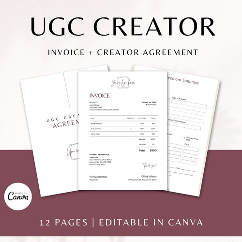 UGC Creator Contract and Invoice Templates for Canva | Damaris Gray Designs