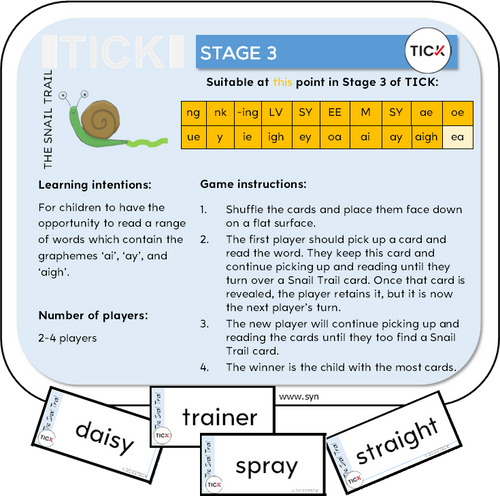 TICK Stage 3 Games - The Snail Trail - graphemes 'ai', 'ay', and 'aigh ...