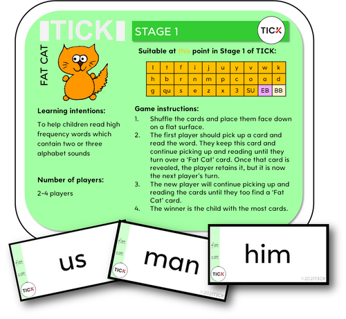 TICK Stage 1 Games - Fat Cat - VC and CVC words | Synthetic Phonics
