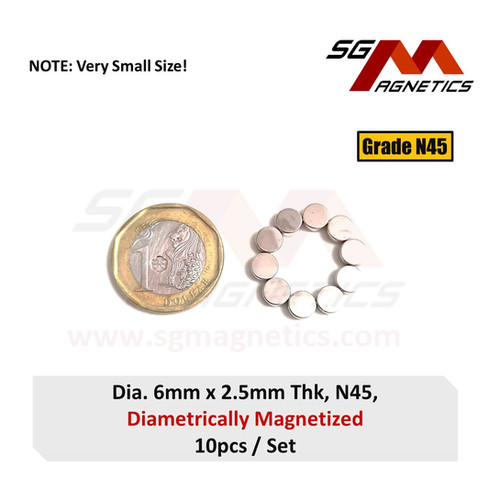 6x2.5mm N45 Diametrically Magnetized - Neodymium Disc Magnets - 10pcs ...