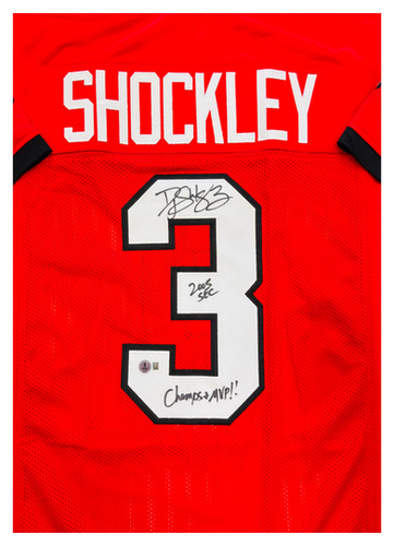 DJ Shockley Autographed Red Jersey w/ SEC Champs & MVP Insc Beckett COA | Dawg Addiction
