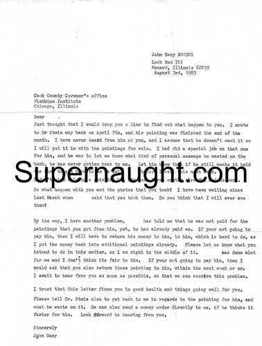 John Wayne Gacy Cook County Coroner's Office Letter | Supernaught