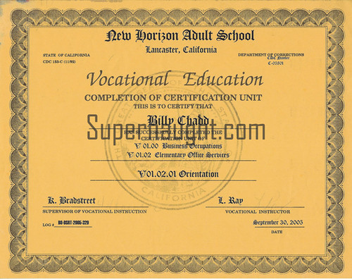Billy Chadd Vocational Education Certificate Signed | Supernaught