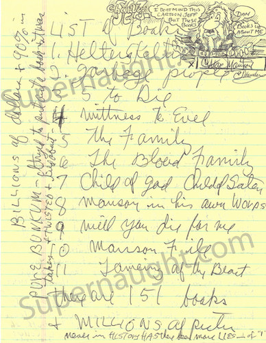 Charles Manson Cartoon with List of Case Related Books Signed | Supernaught