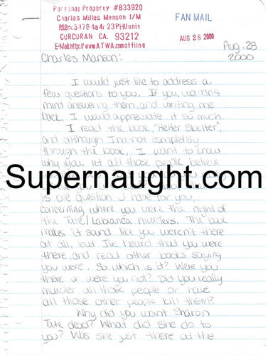 Charles Manson Letter from Teen to Manson With His Writing | Supernaught