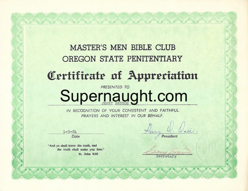 Jerry Brudos Bible Club Certificate OSP 1984 | Supernaught