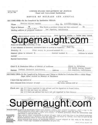 Charles Manson Parole Paperwork March 21, 1967 Replica | Supernaught
