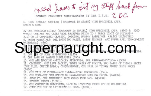 Charles Manson Confiscated Property With His Handwriting | Supernaught