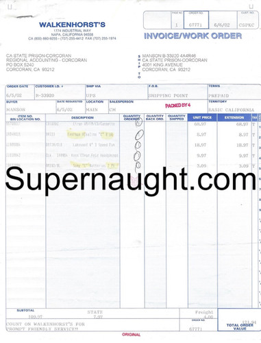 Charles Manson Walkenhorst's Invoice Work Order | Supernaught