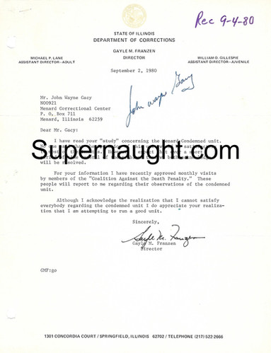 John Wayne Gacy Gayle Franzen Letter Signed By Both | Supernaught