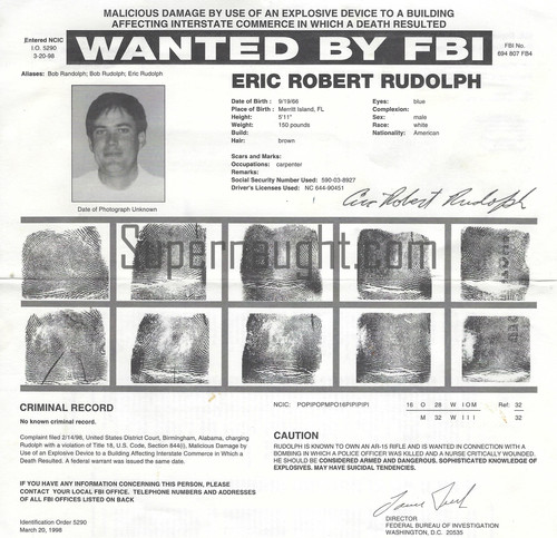 Eric Rudolph Original FBI Wanted Poster | Supernaught