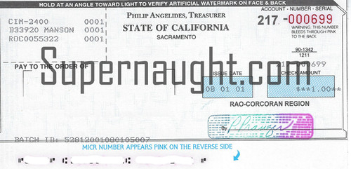 Charles Manson August 2001 Prison Issued Check