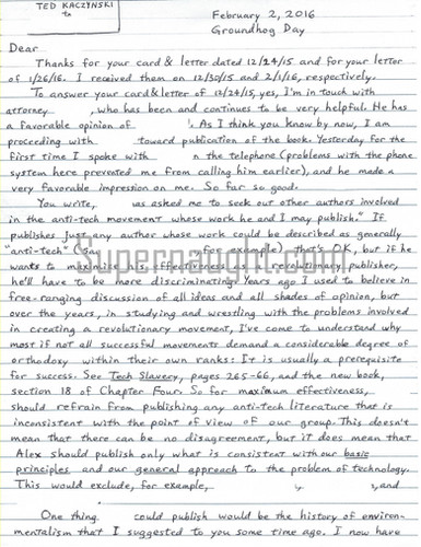 Ted Kaczynski 4 Page Letter and Envelope Set Both Signed With Note ...